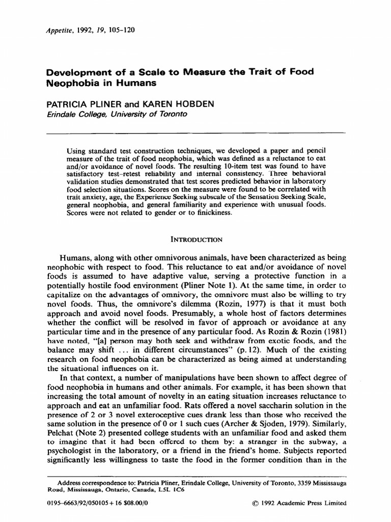 Pliner, P. & Hobden, K. (1992) - Food Neophobia in Humanns | PDF ...
