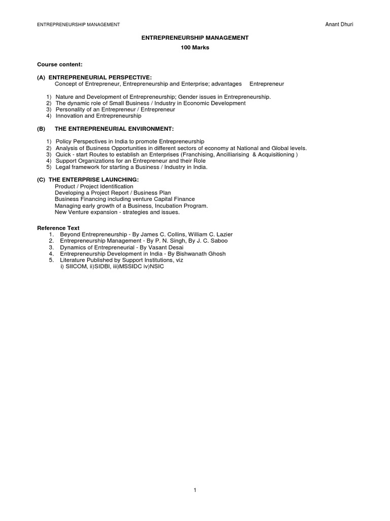 ENTREPRENEURSHIP MANAGEMENT - MMS Notes (Anant Dhuri) PDF | PDF ...