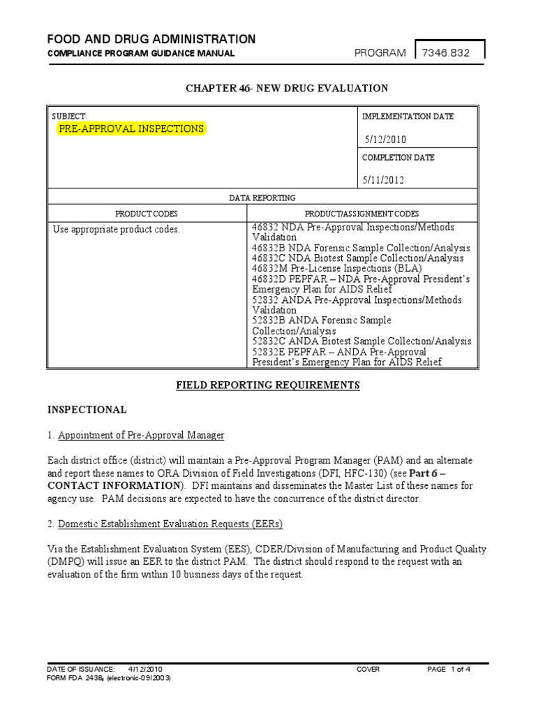 FDA Pre-Approval Inspection Guidelines | PDF | Food And Drug ...