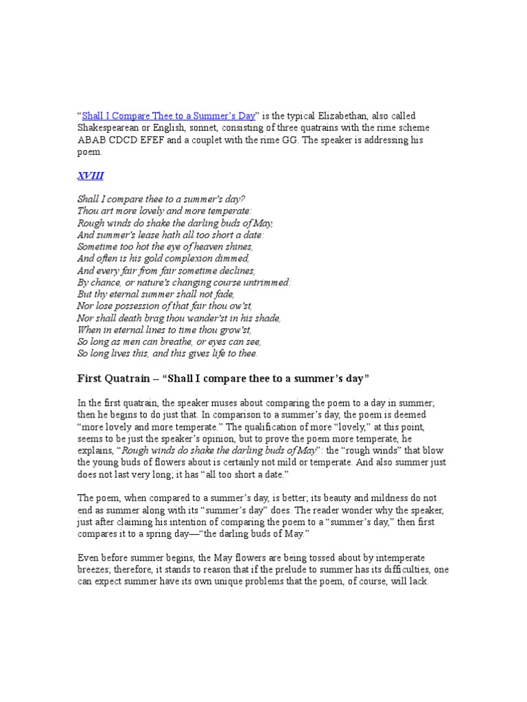 "Shall I Compare Thee To A Summer's Day" Is The | PDF | British Poetry ...
