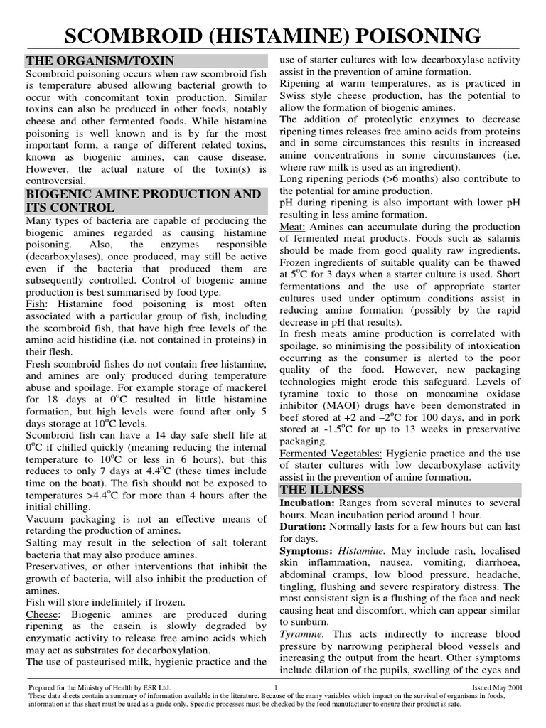 Scombroid (Histamine) Poisoning: The Organism/Toxin | PDF | Toxin | Foods