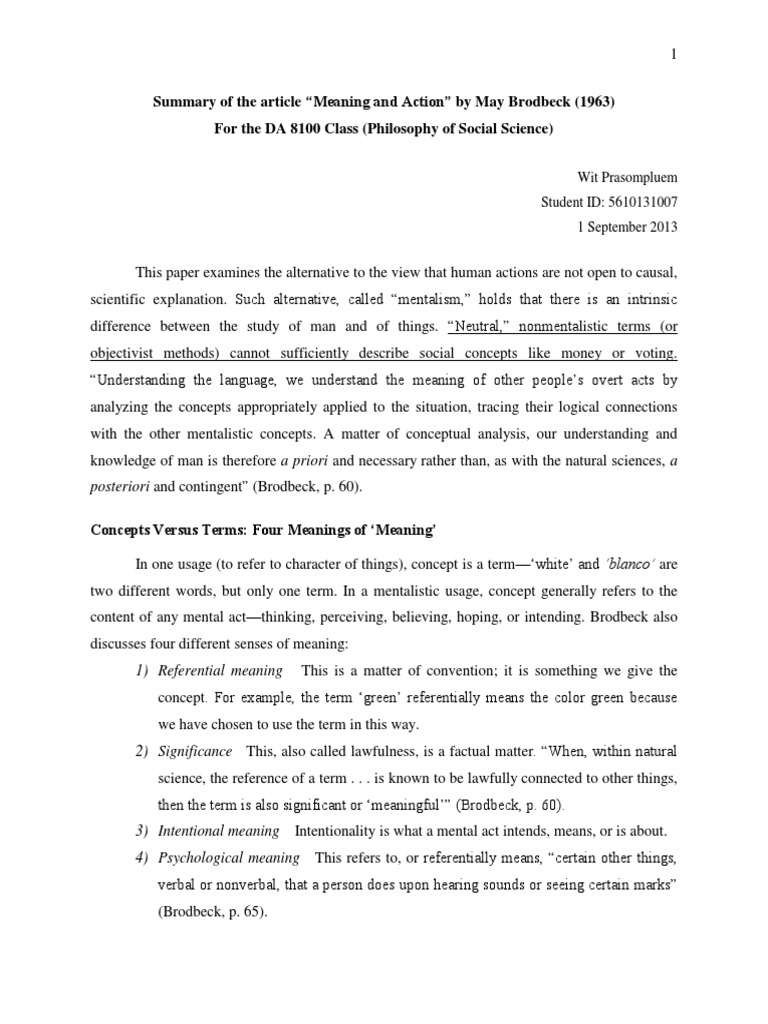 Summary of "Meaning and Action" by May Brodbeck (1968) | PDF | Concept ...