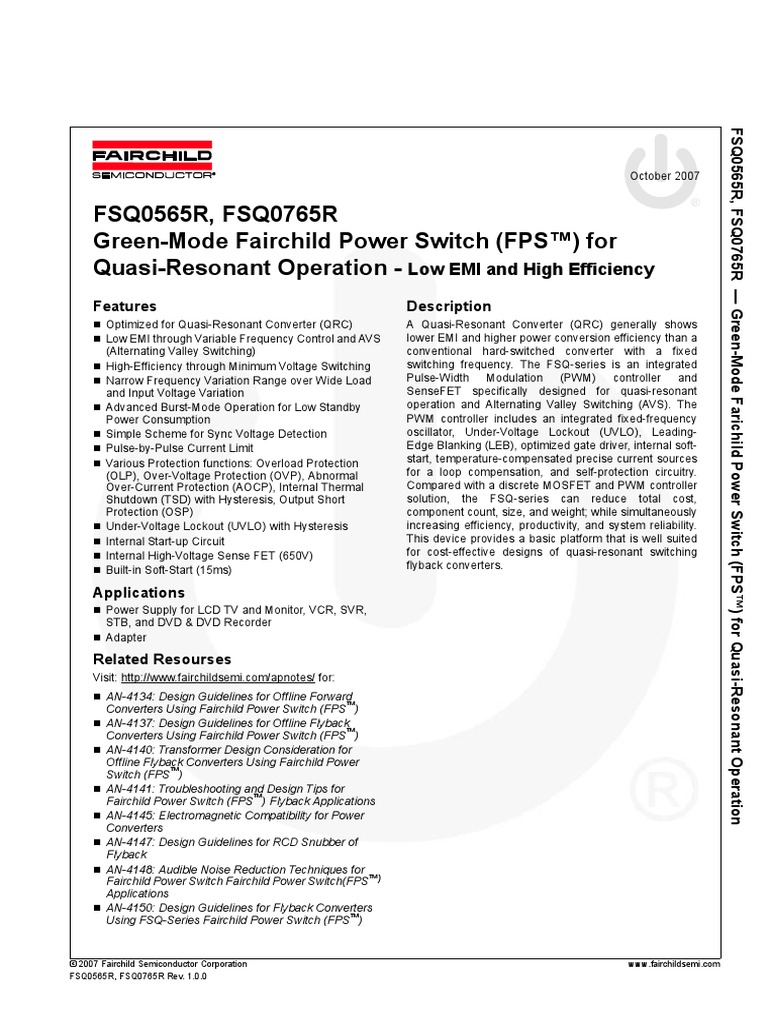 FSQ0565R, FSQ0765R Green-Mode Fairchild Power Switch (FPS™) For Quasi-Resonant Operation | PDF ...