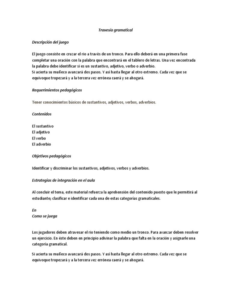 Juego Del Sustantivo, Adjetivo, Verbo y Adverbio | PDF | Artes del ...