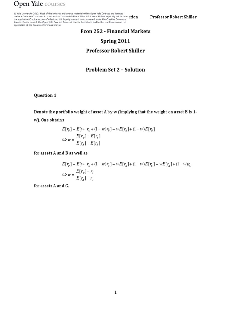 Econ 252 Spring 2011 Problem Set 2 Solution Pdf Sharpe Ratio