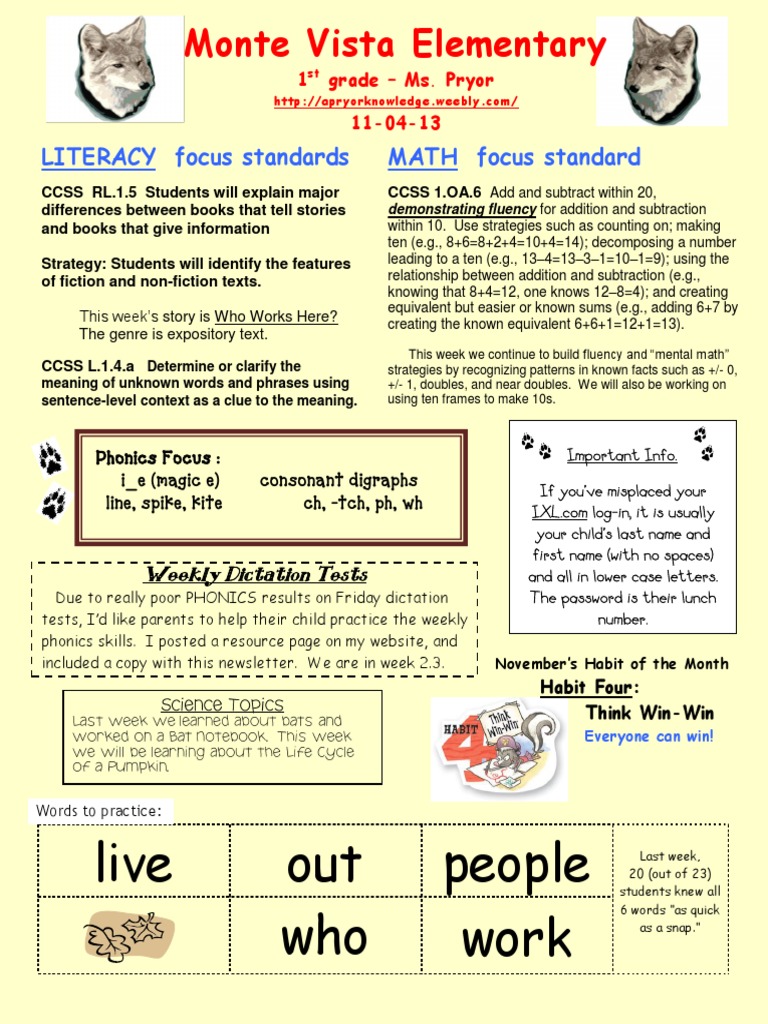 1st Grade Weekly Learning Update | PDF
