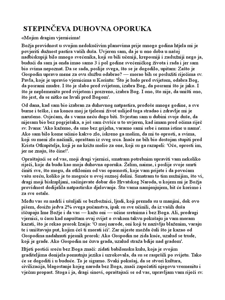 Stepinčeva Duhovna Oporuka | PDF