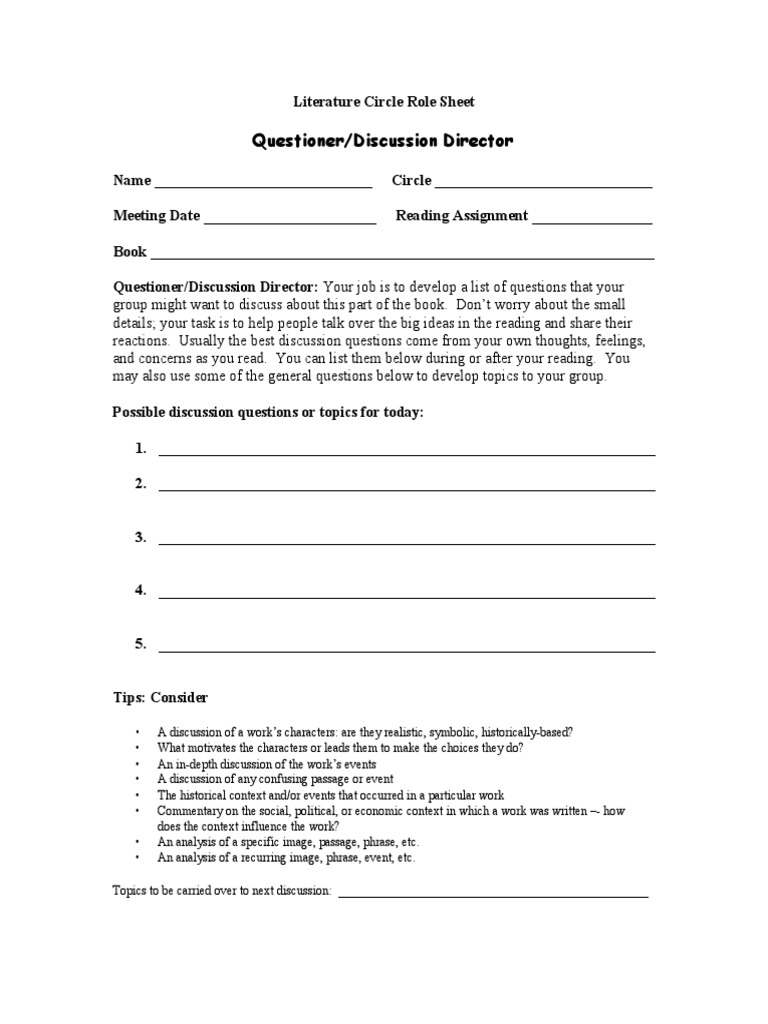 Literature Circle Discussion Guide | PDF | Career & Growth | Self ...