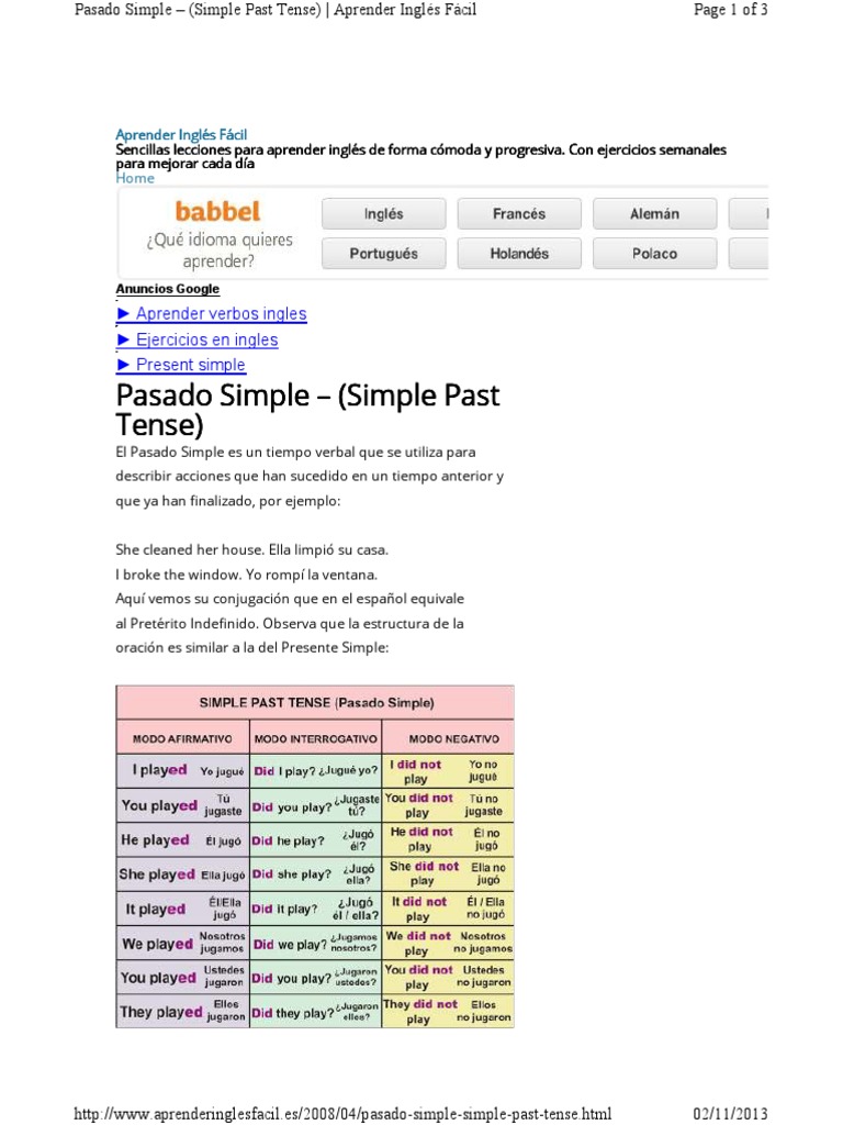 Pasado Simple - Simple Past Tense | PDF | Verbo | Tipología Lingüística