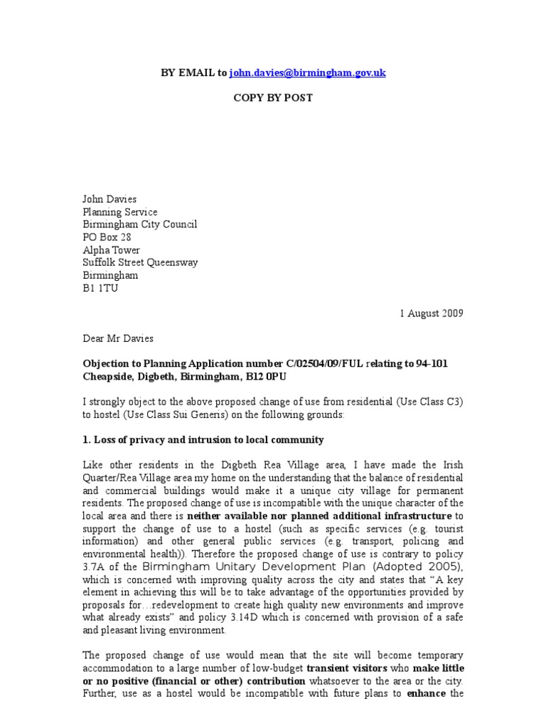 Objection Letter | PDF | Parking | Traffic