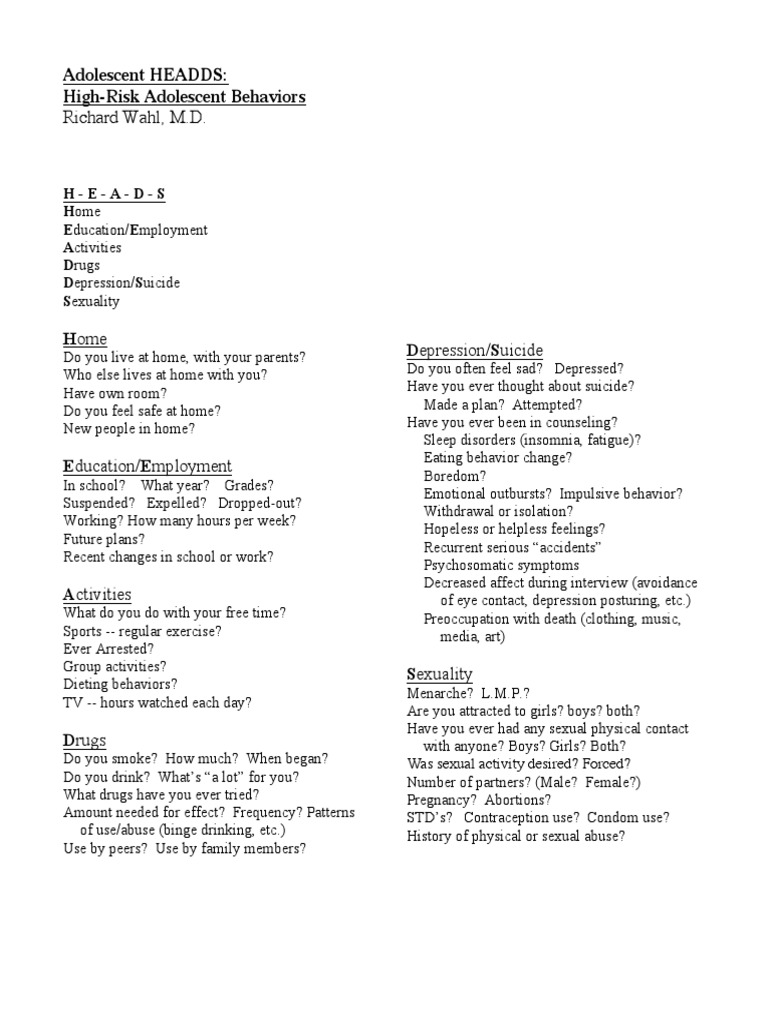 Adolescent HEADDS Interview Questions | PDF | Self-Improvement | Wellness