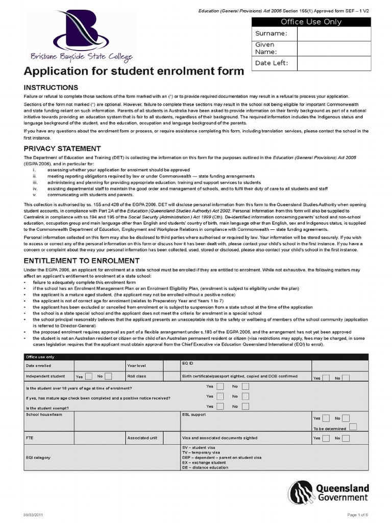 Student Enrolment Form | PDF | Caregiver | Cognition