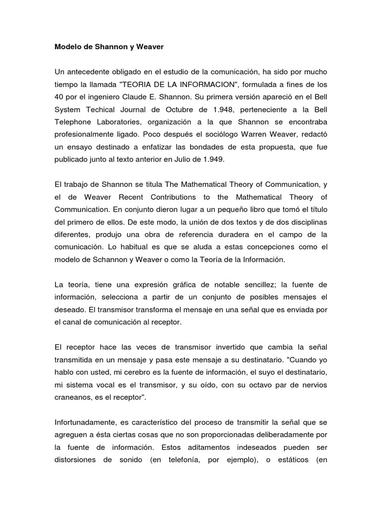 Modelo de Comunicación Shannon y Weaver | PDF | Comunicación | Teoría