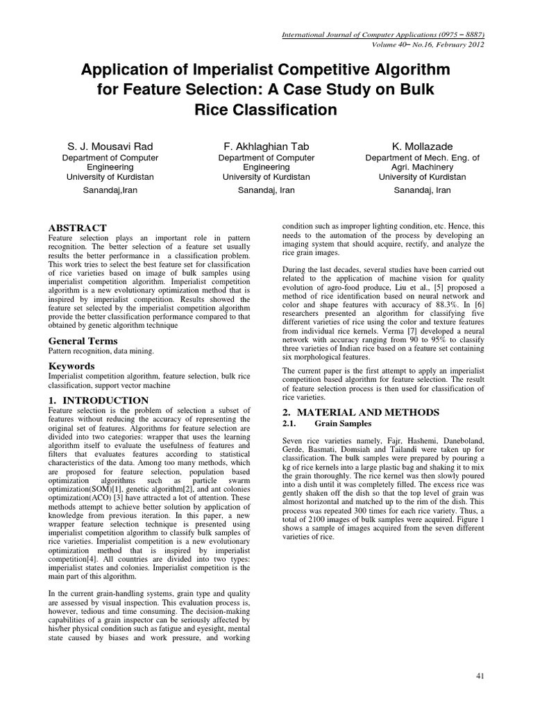 Application of Imperialist Competitive Algorithm For Feature Selection | PDF | Statistical ...