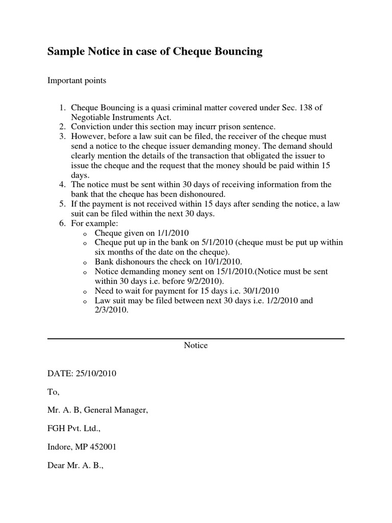 Sample Notice in Case of Cheque Bouncing | PDF