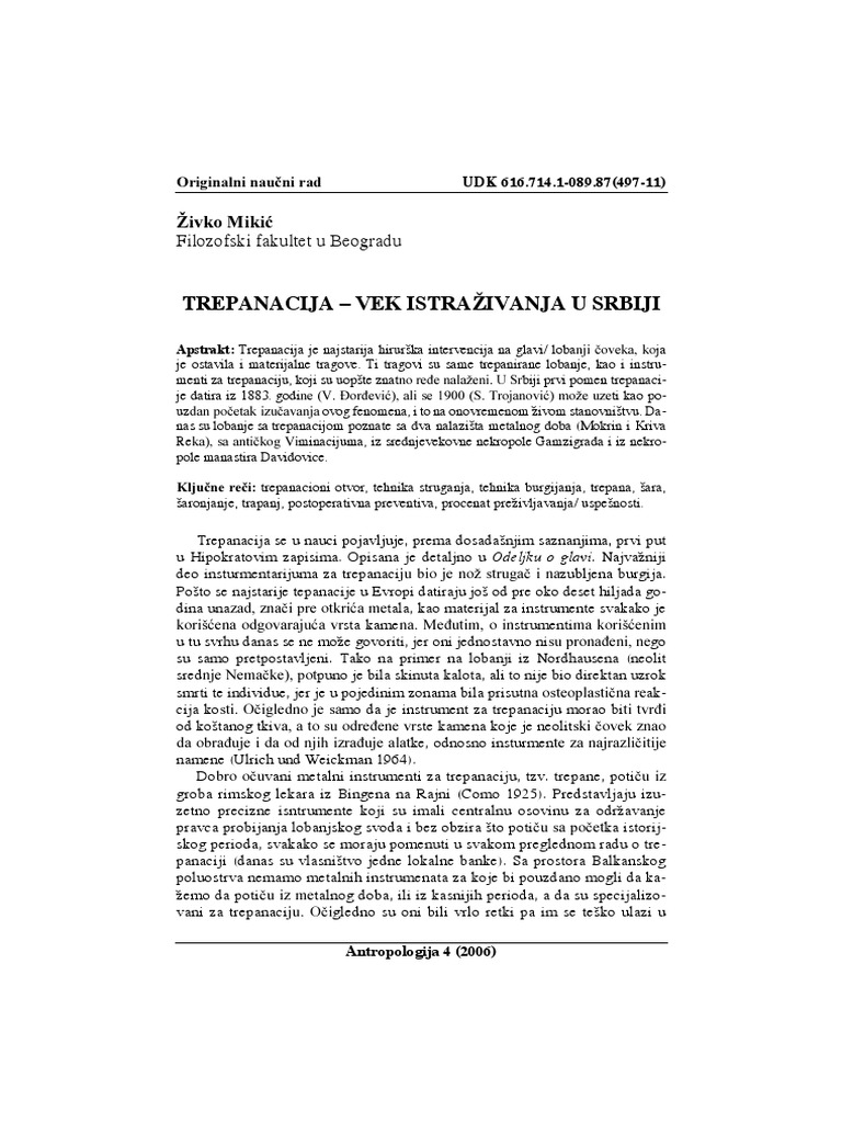 Zivko Mikic - Trepanacija - Vek Istrazivanja U Srbiji | PDF
