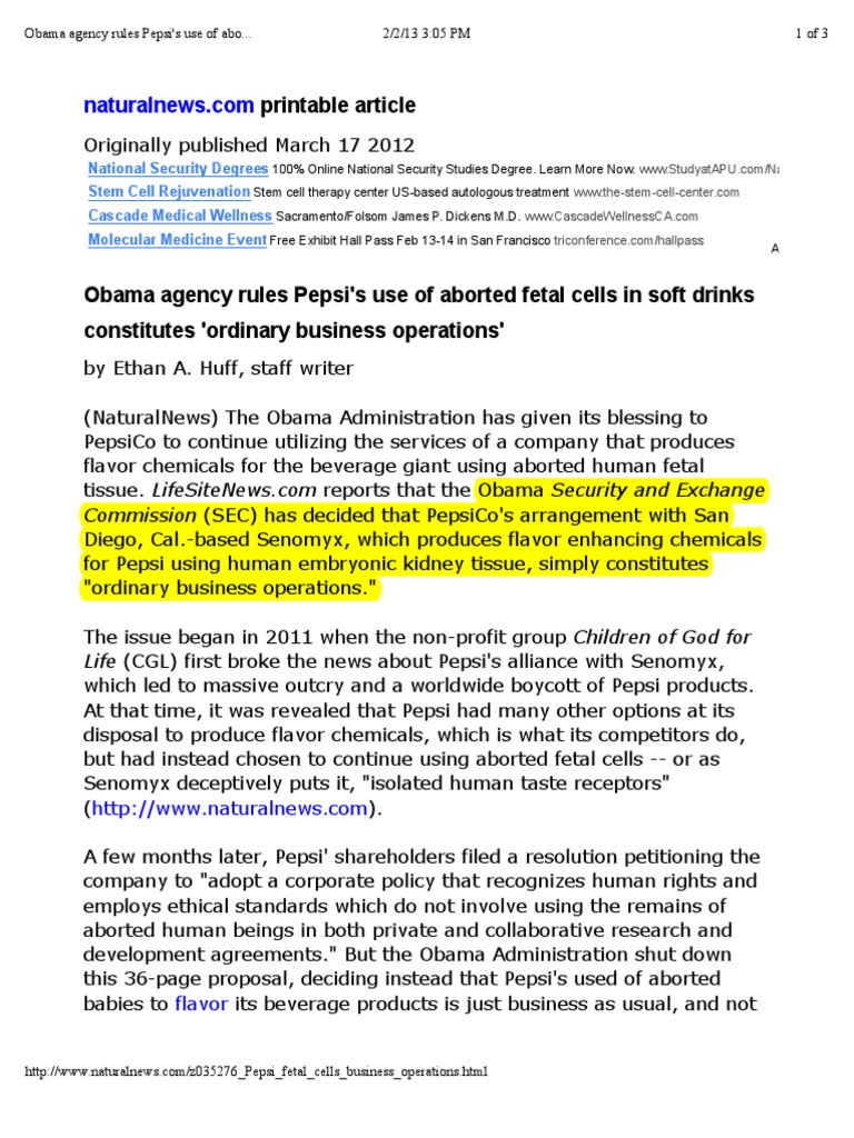 Obama+agency+rules+Pepsi S+use+of+aborted+fetal+cells+in+soft+drinks ...