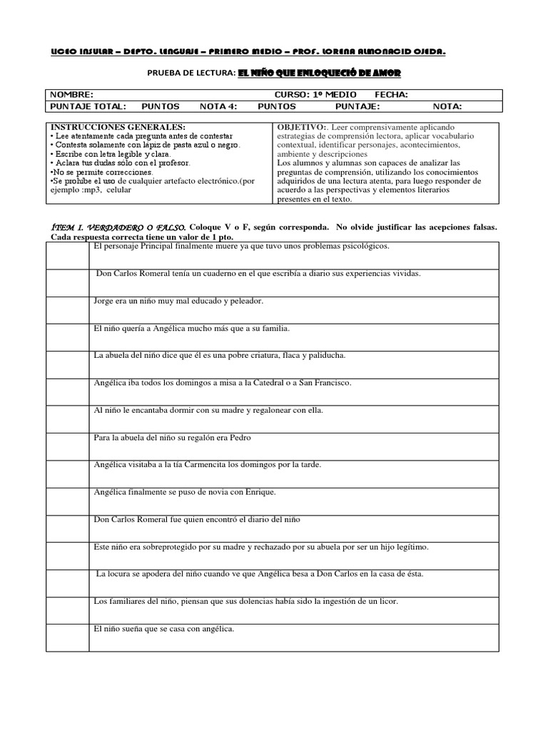 Prueba de lectura: El niño que enloqueció de amor | PDF | Lectura ...