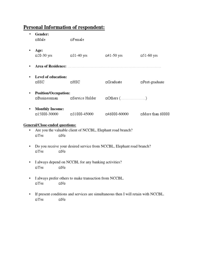 Sample Questionnaire For Bank | PDF | Banks | Loans