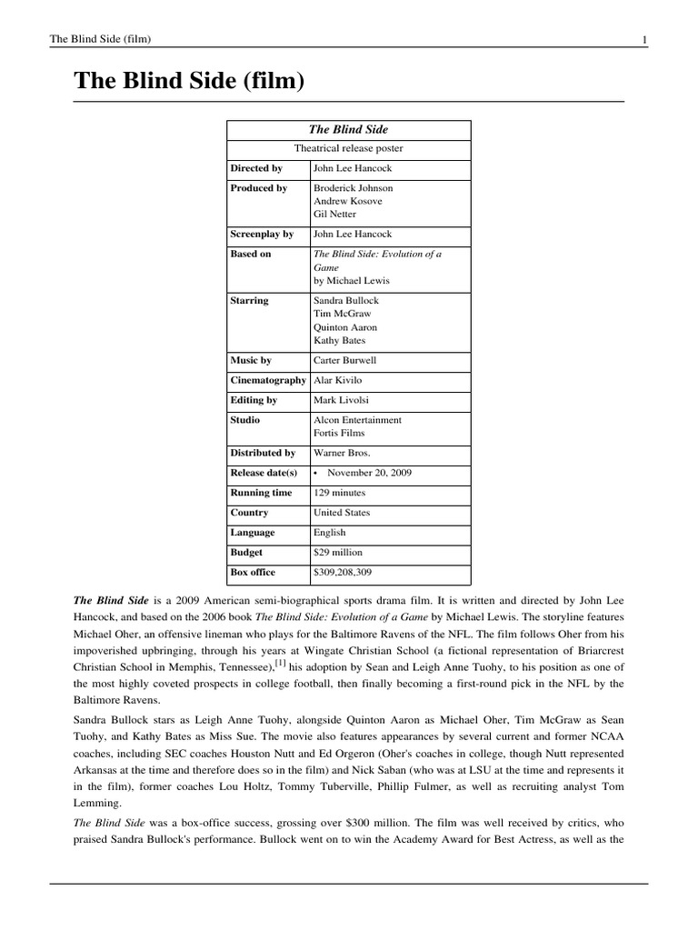 The Blind Side (Film) PDF | PDF | Sports | Leisure