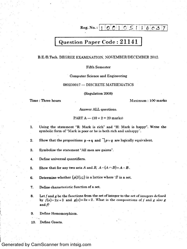 Discrete Mathematics Question Papers | PDF