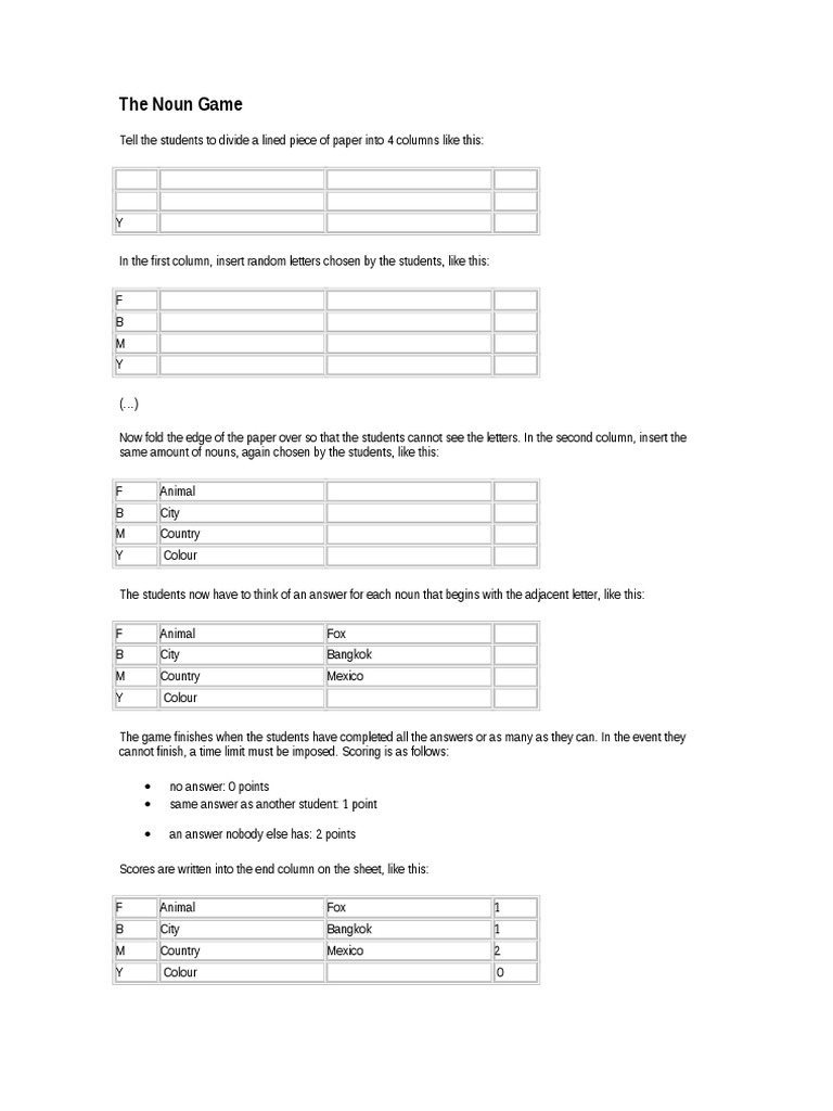 The Noun Game | PDF | Sports & Recreation