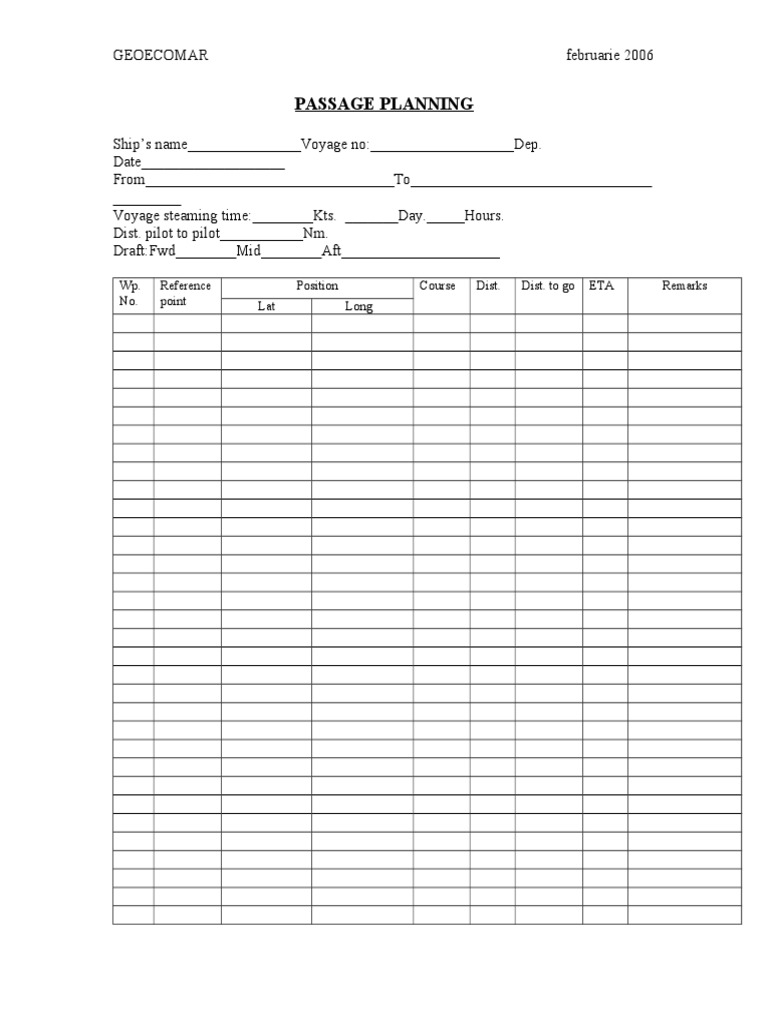 Passage Planning: Wp. No. Reference Point Position Course Dist. Dist ...