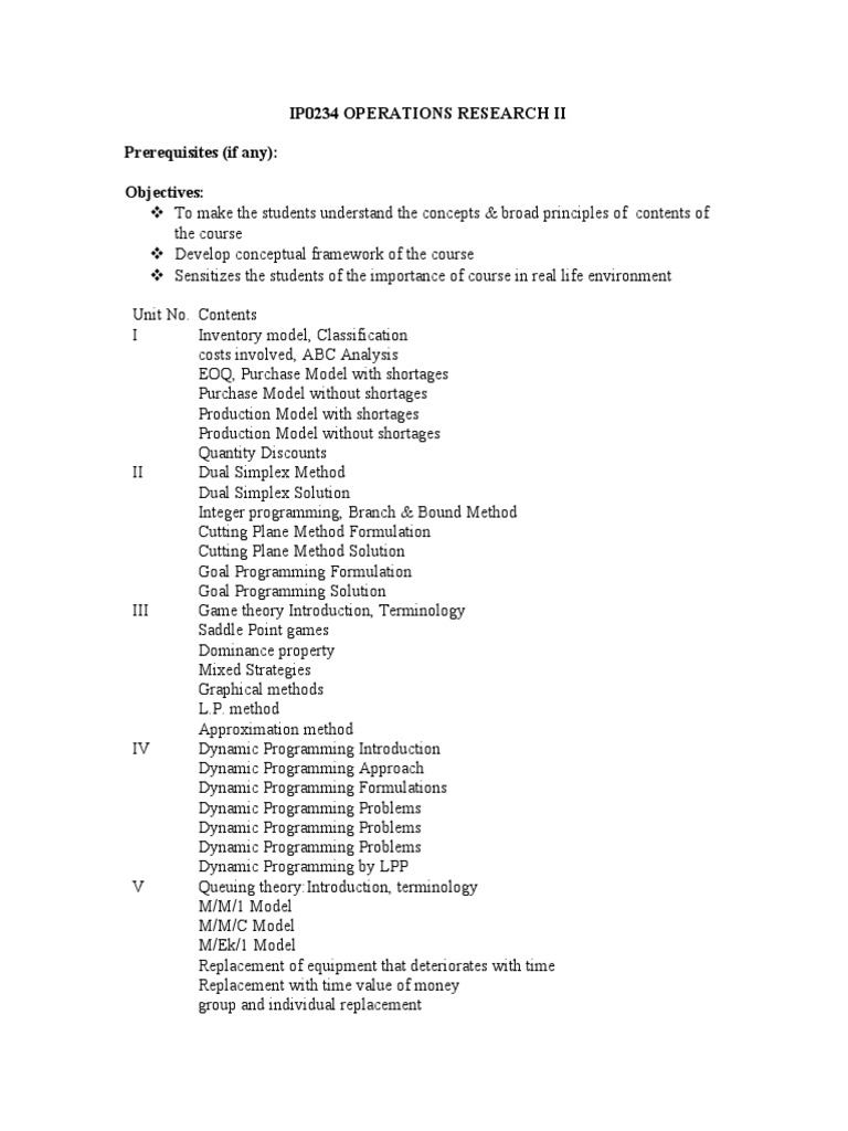 Ip0234 Operations Research Ii Prerequisites (If Any) : Objectives | PDF ...
