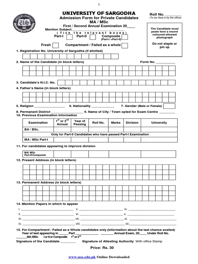 MA UOS Form PDF | PDF | Bachelor Of Science | Academic Degree