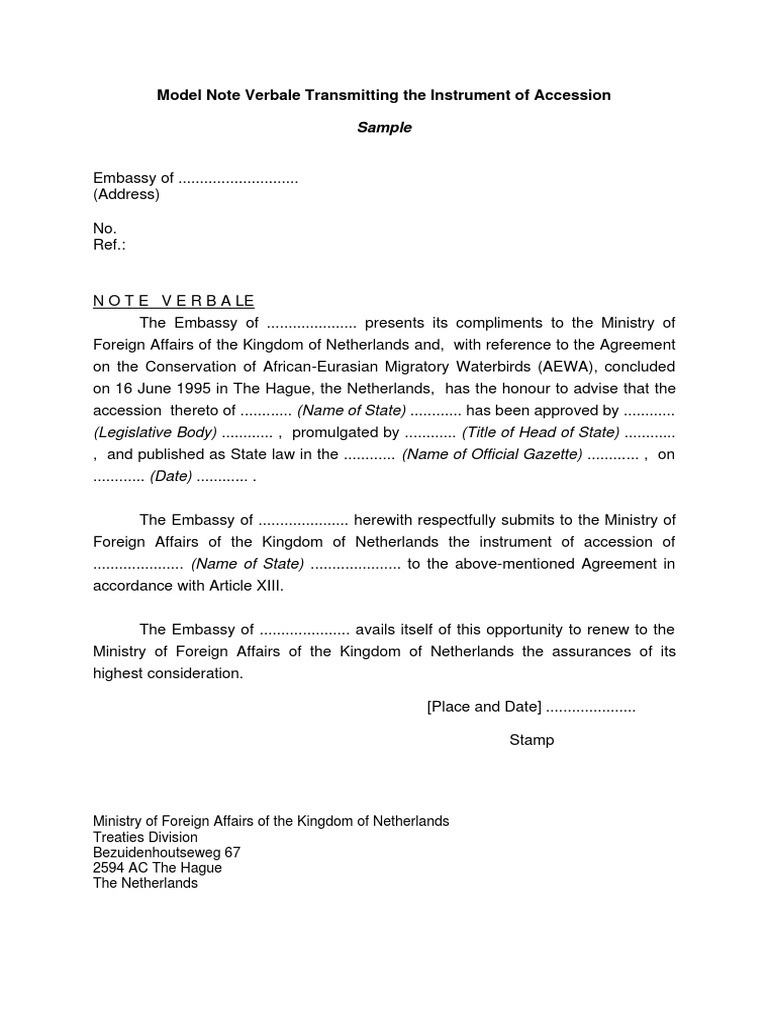 Note Verbale for Accession to AEWA | PDF | Foreign Policy ...