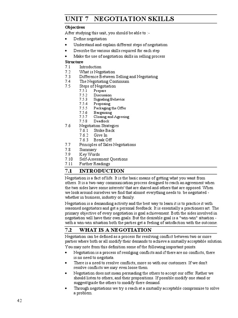 Unit-7 Negotiation Skills PDF | PDF | Negotiation | Bargaining