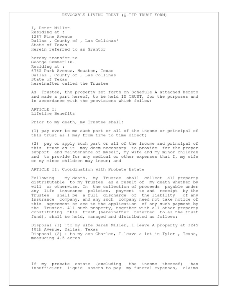 Form - Texas Revocable Living Trust - Q-Tip Trust Form | Trust Law ...