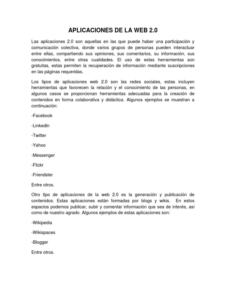 Aplicaciones de La Web 2.0 | PDF | web 2.0 | Red mundial