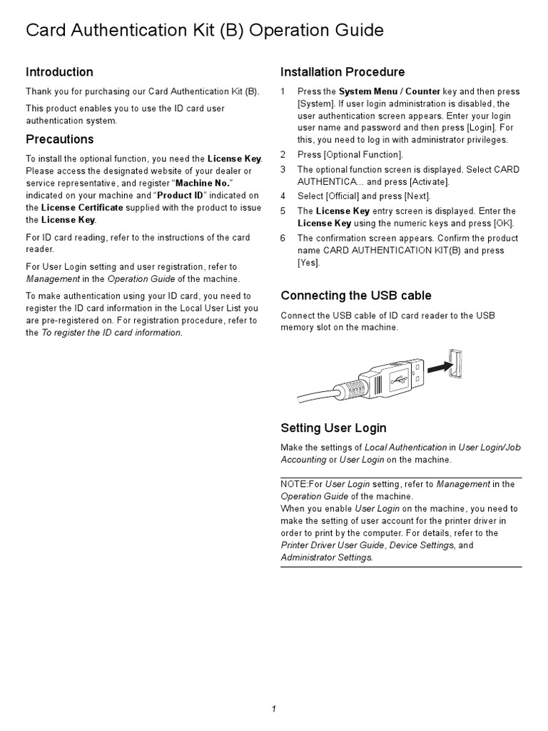 Card Authentication Kit (B) Operation Guide: Installation Procedure ...
