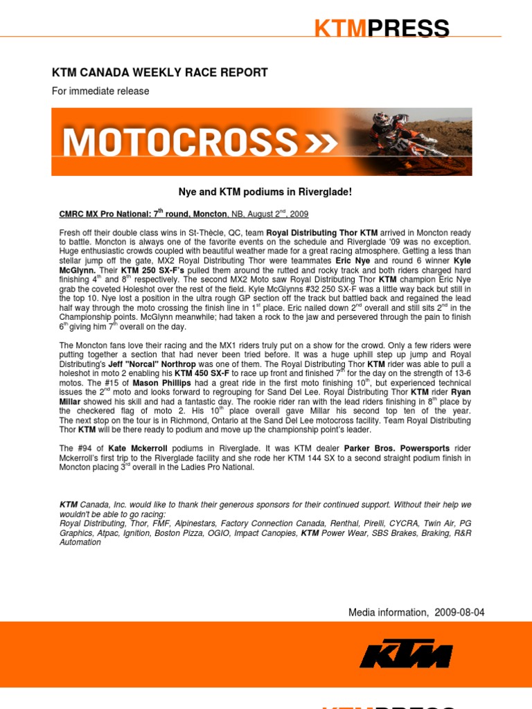 KTM Canada Weekly Race Report: August 2009 | PDF | Stock Car Racing ...