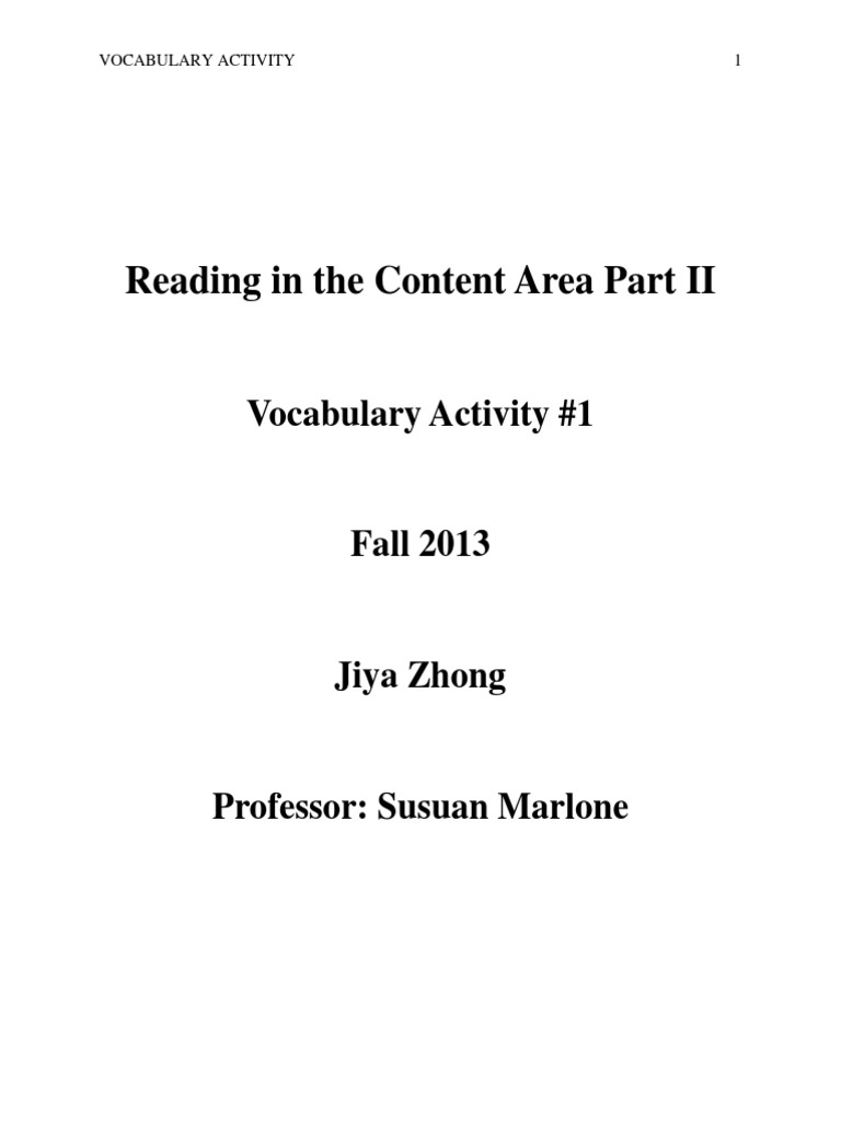 Reading in The Content Area Part II: Vocabulary Activity #1 | PDF ...