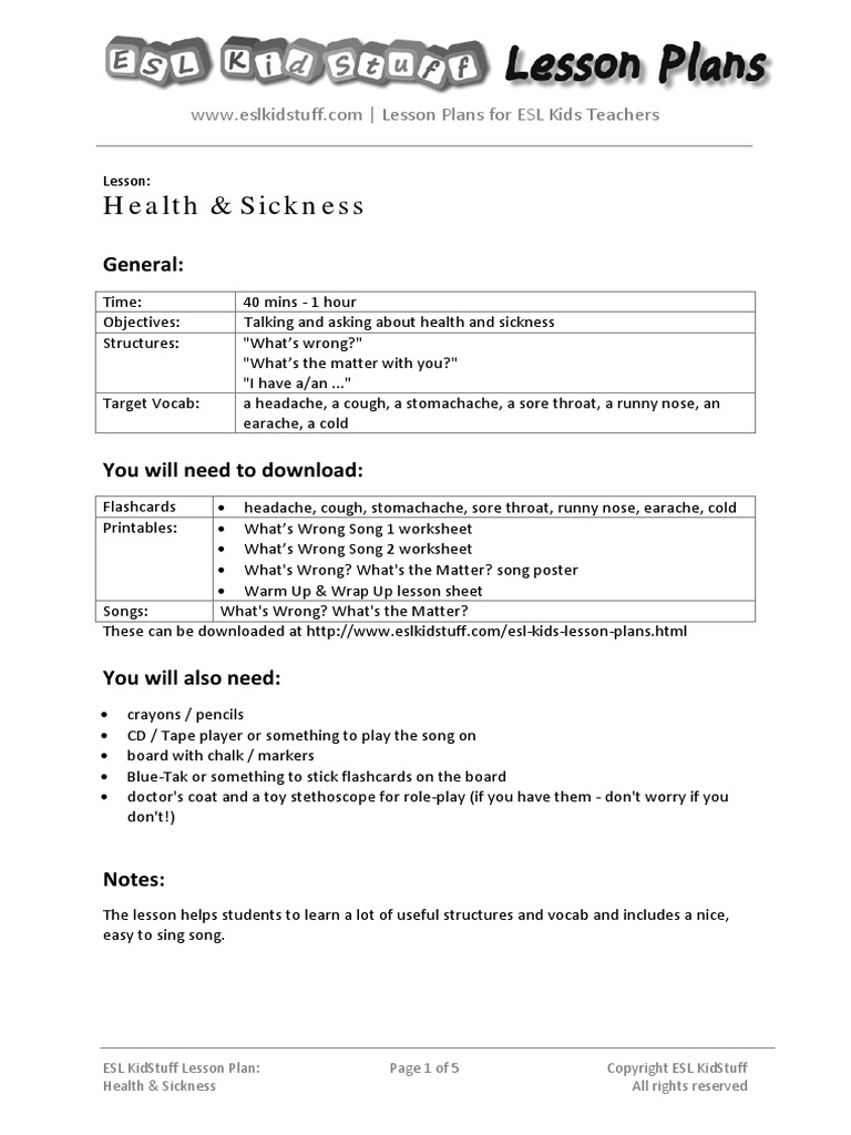 Health Sickness Lesson Plan | PDF | Lesson Plan | English As A Second ...