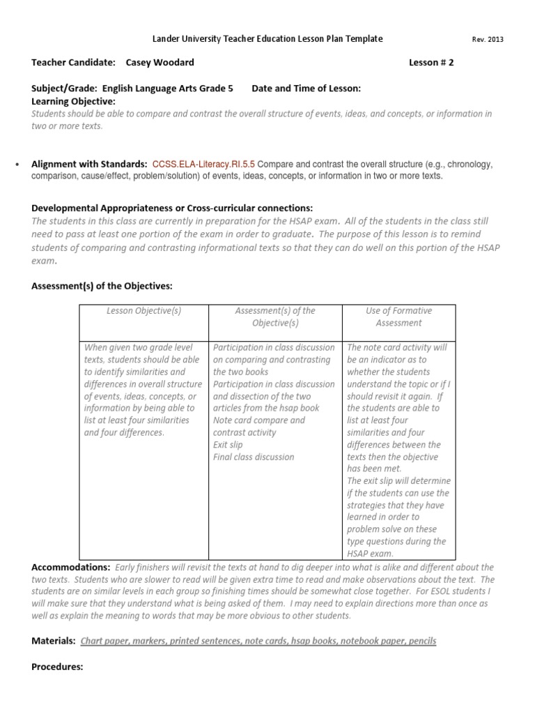 5th Grade Compare and Contrast Lesson Plan | PDF | Lesson Plan ...