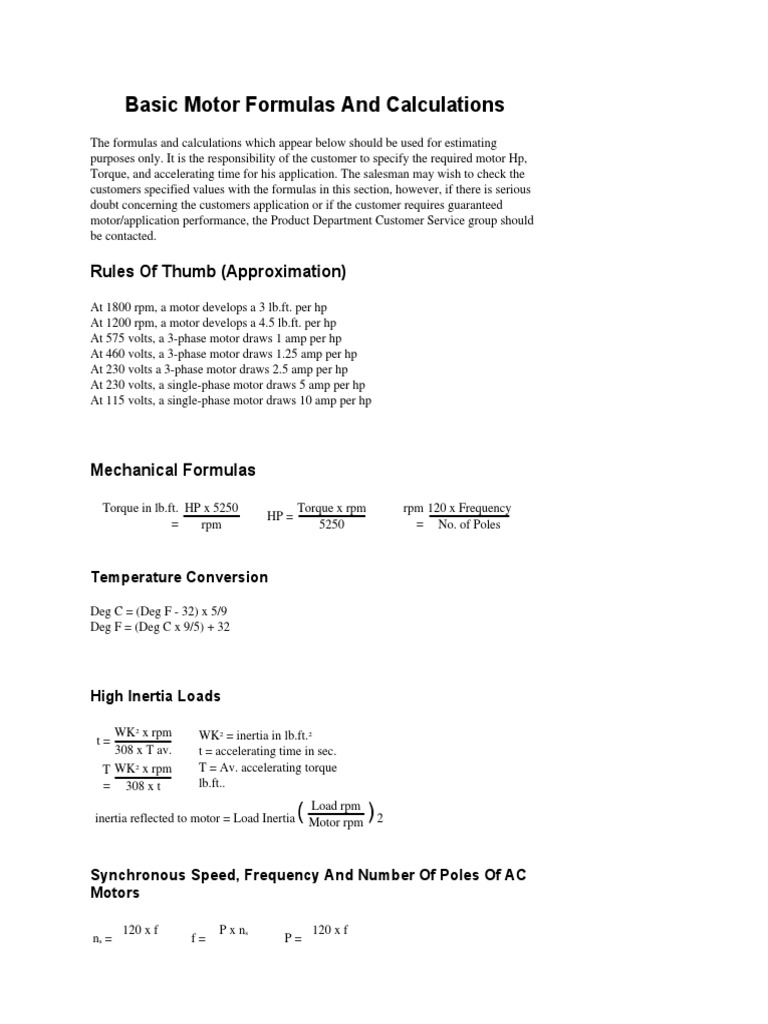 Basic Motor Formulas and Calculations | PDF