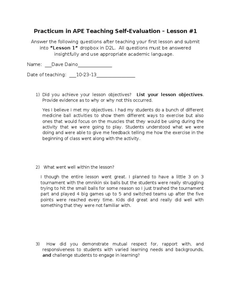 Practicum Teaching Self Evaluation - Lesson 1 | PDF | Learning | Cognitive Science