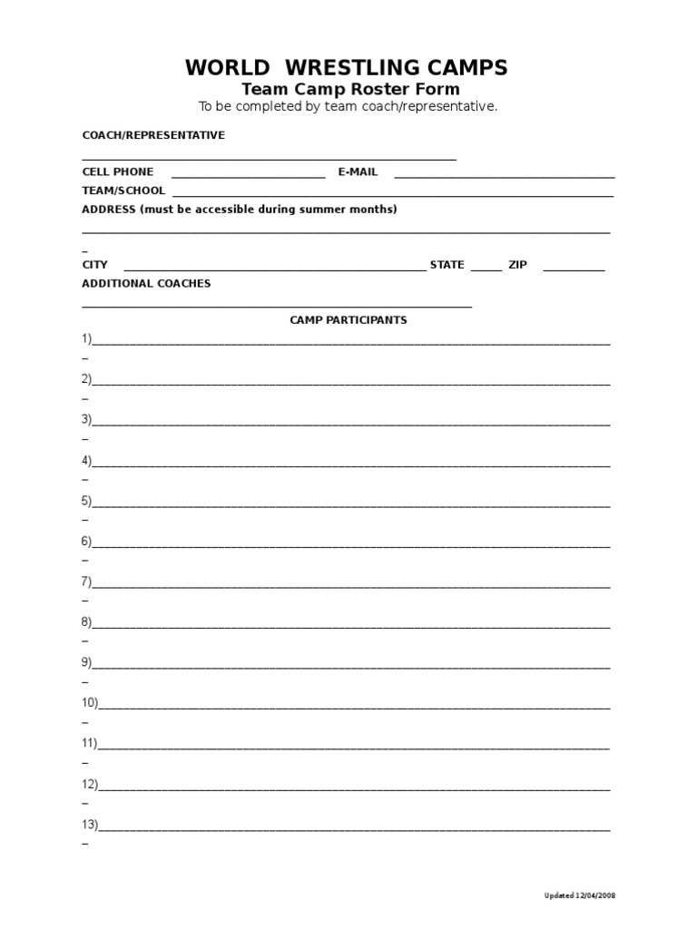 Wrestling Team Camp Roster Form | PDF