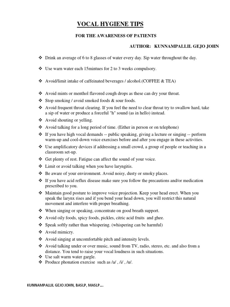 Vocal Hygiene Tips - PDF / KUNNAMPALLIL GEJO JOHN | PDF