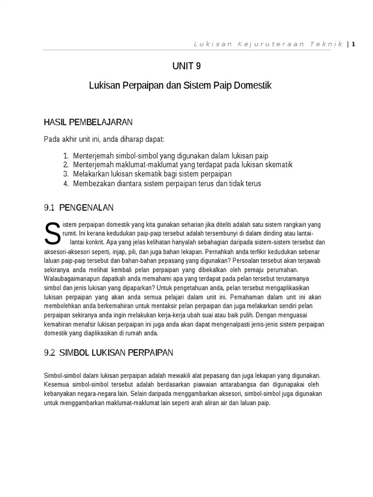 Unit 9 - Lukisan Perpaipan Dan Sistem Paip Domestik | PDF