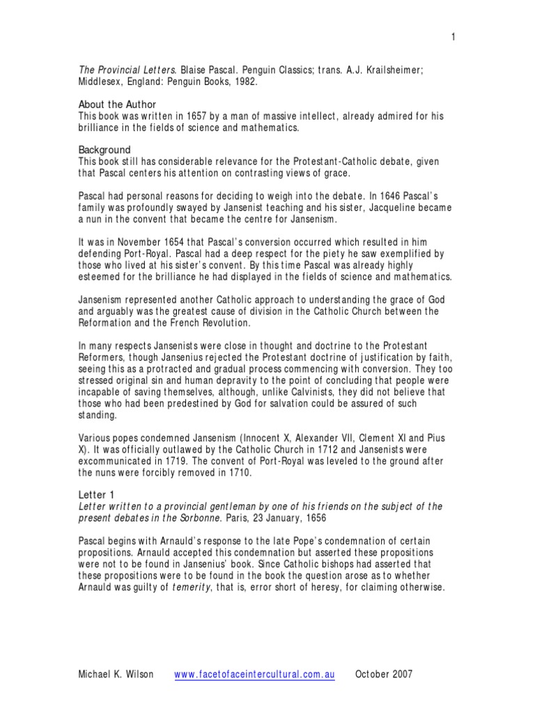 Provincial Letters Pascal PDF | PDF | Grace In Christianity | Penance