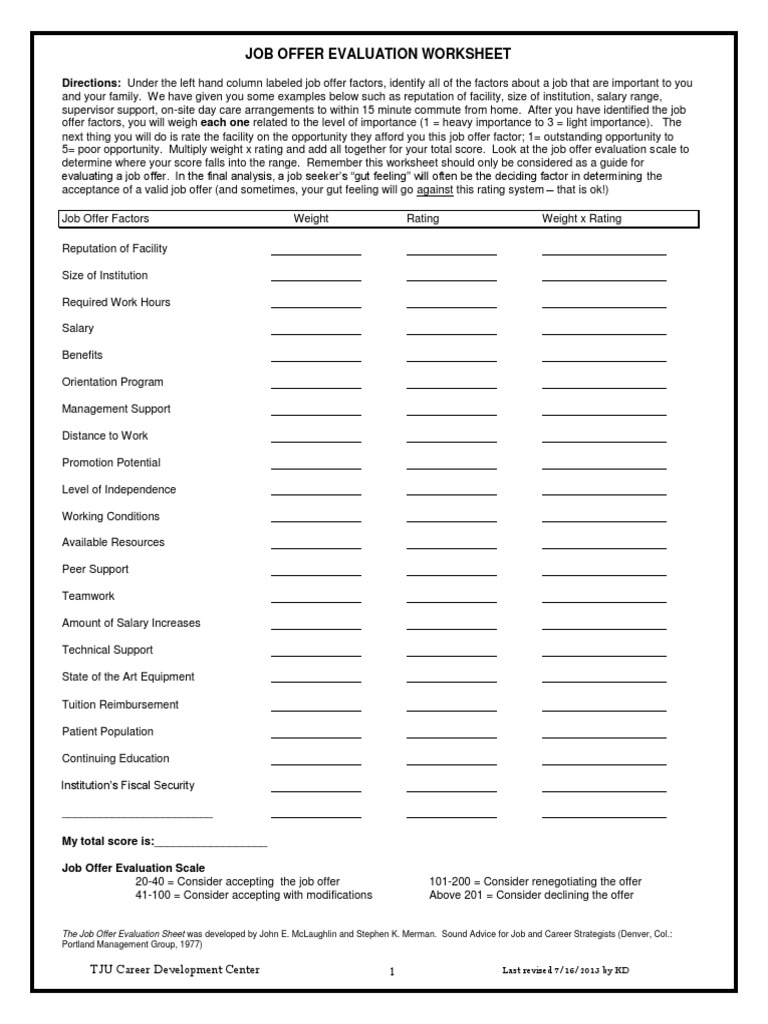 Job Offer Evaluation Worksheet PDF | PDF | Employment | Salary