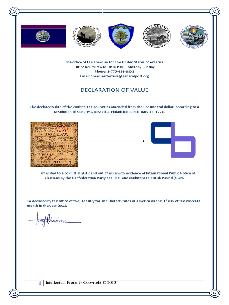 The Office of The Treasury For The United States of America-DECLARATION ...