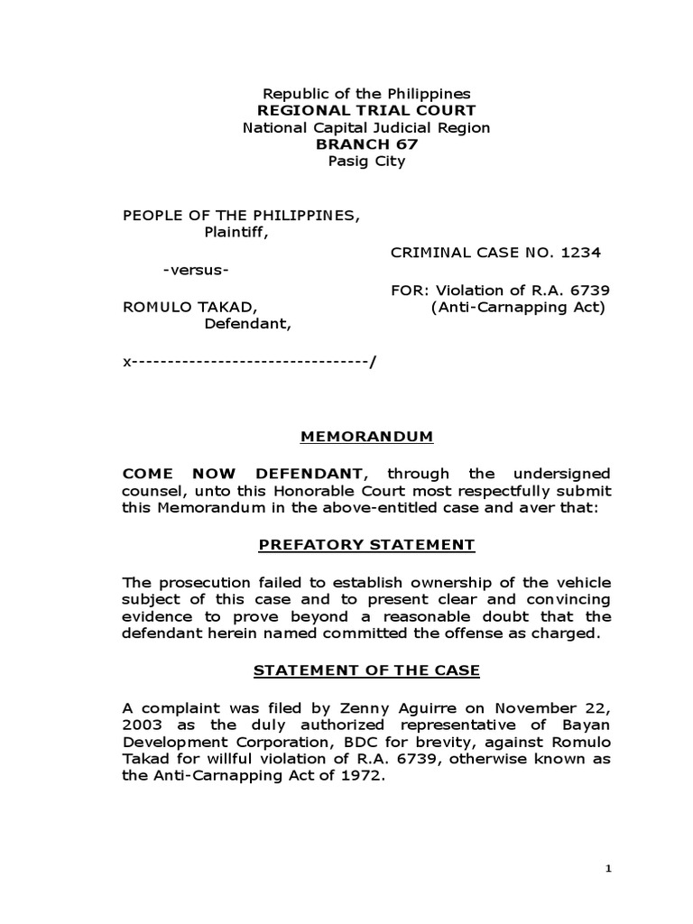 Sample Trial Memorandum | PDF | Burden Of Proof (Law) | Reasonable Doubt