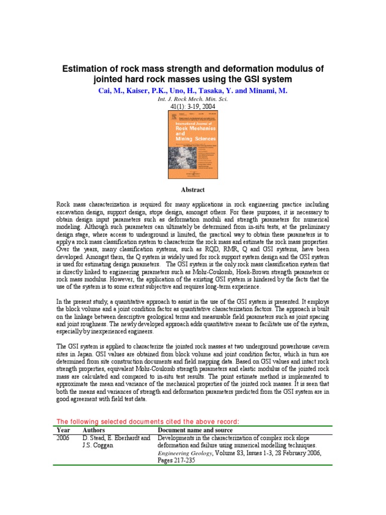 Abstract Estimation of Rock Mass Strength and Deformation Modulus of Jointed Hard Rock Masses ...