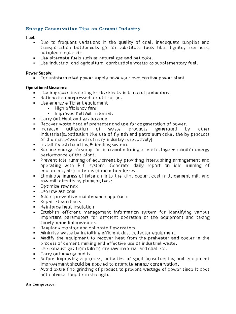 Energy Conservation Tips On Cement Industry | PDF | Lighting | Transformer