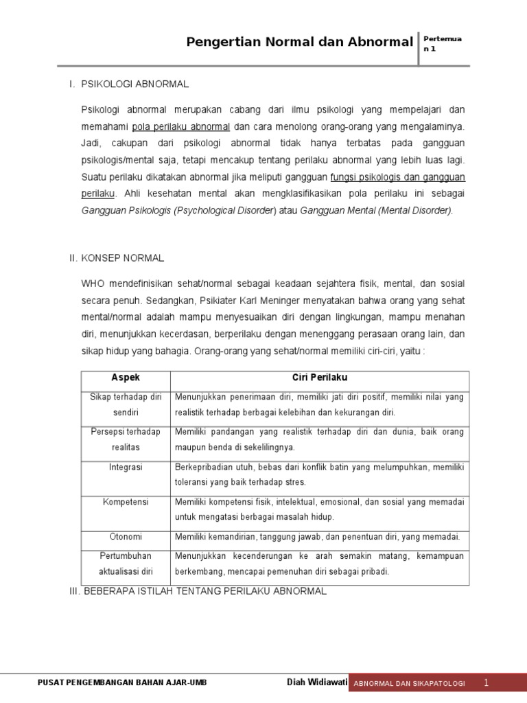 Pengertian Normal Dan Abnormal - Psi. Abnormal Diah | PDF